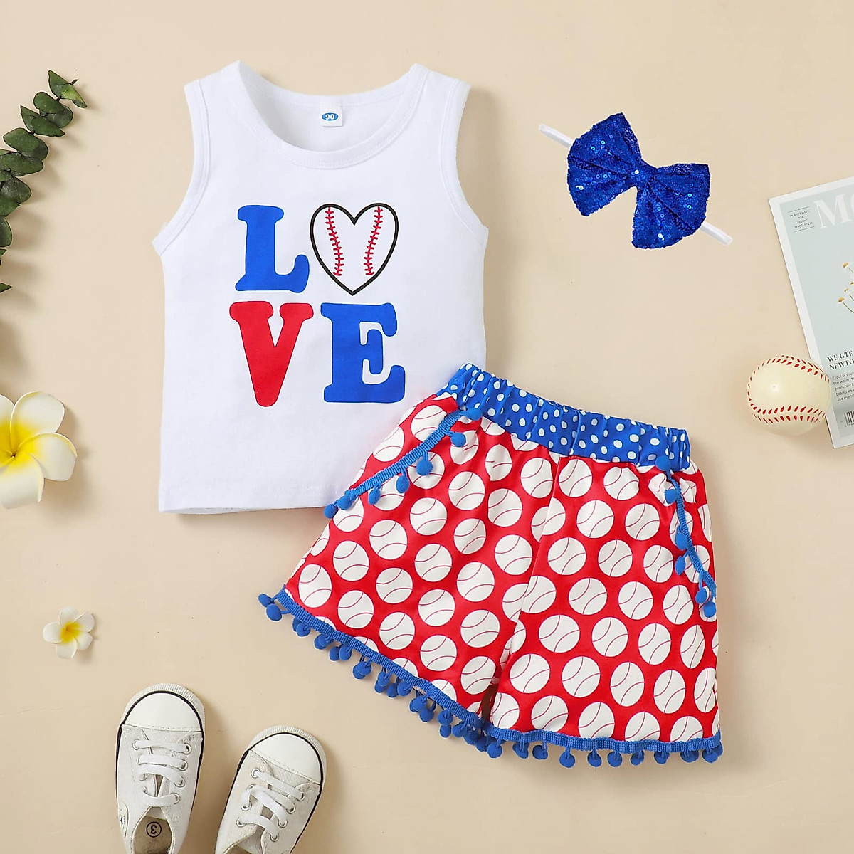 LYSMuch Toddler Baby Girls Shorts Outfits Love Baseball Print Vest T-Shirt Tops Tassel Pants Summer Clothes Set（18-24 Months,Red White Blue