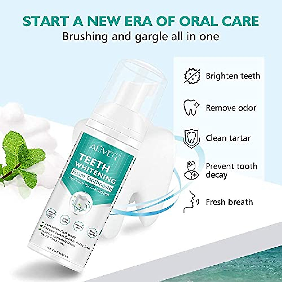 Teeth Whitening Foam Toothpaste, Teeth Whitening Mousse, Baking Soda Toothpaste, Stain Removal Toothpaste, 360 Care Month and Healthy Oral Environment, Travel Friendly, 2 Pack