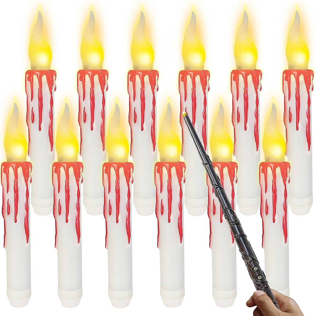 UPLAVIE Halloween Decorations, Hanging Floating Candles with Wand Remote Control, 12 Pcs Hanging Floating LED Candles Warm White Light Window Candles Christmas Decor for Halloween Christmas Party