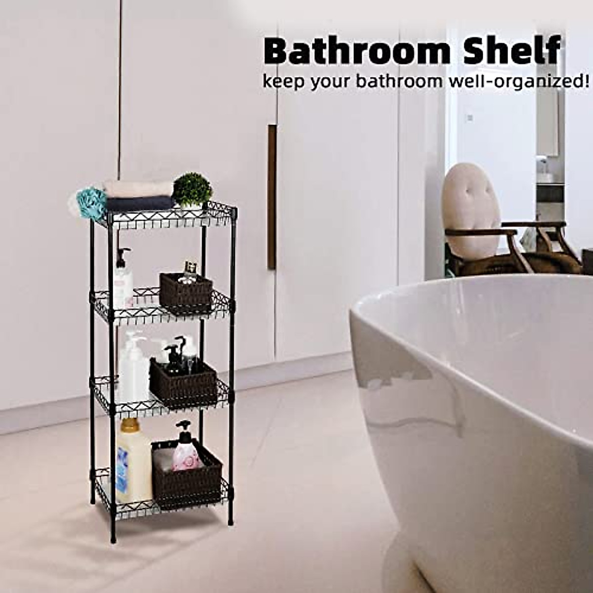 Guangfoshun Storage Shelves, 4-Tier Wire Shelving Unit with Baskets Storage Rack Corner Shelf Shelving Adjustable Storage Shelf, 11.8" D x 15.7" W x 47" H, Black