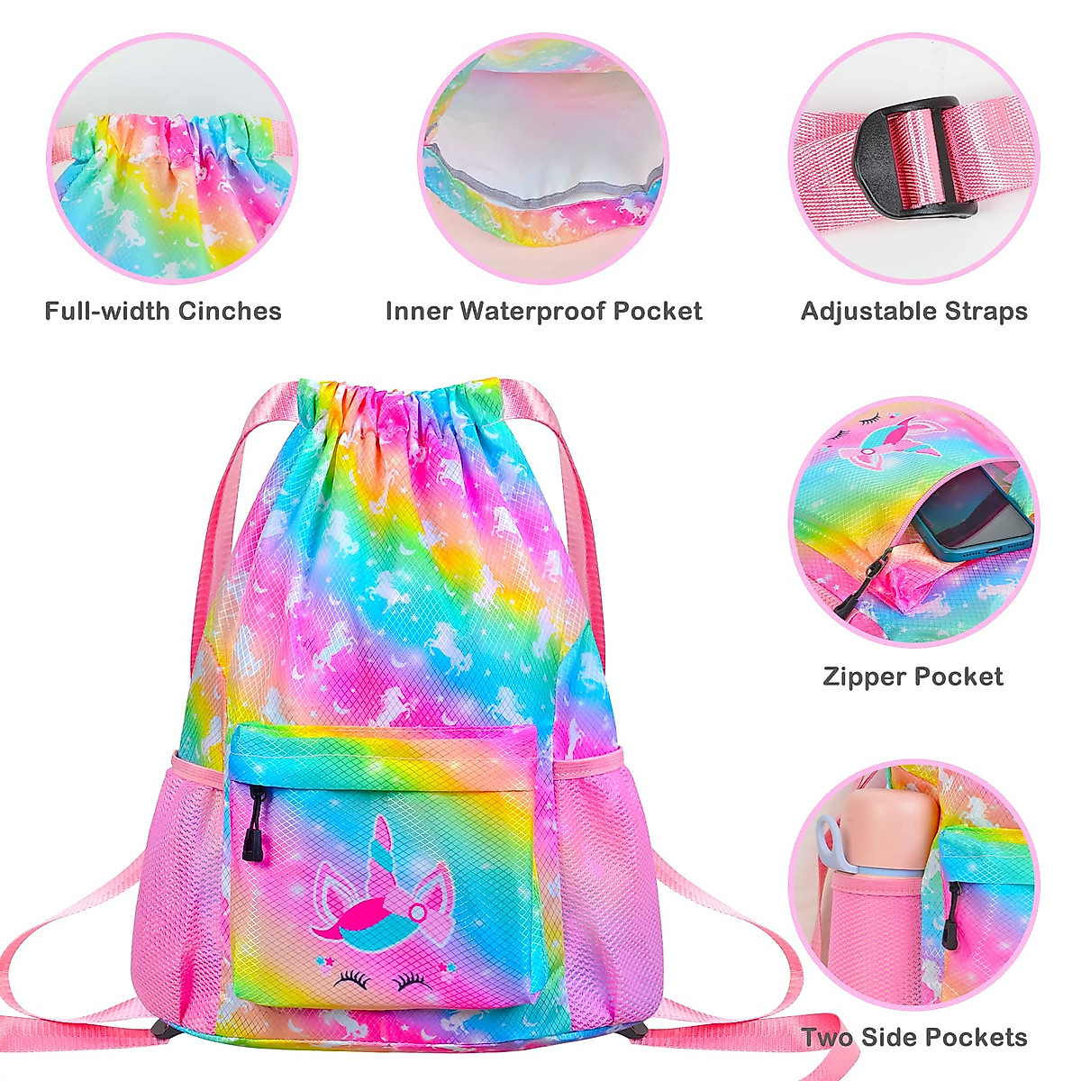 AuSleti Waterproof Drawstring Bag, Girls Beach Bag for Swimming, Gym Bag Sackpack Sports Backpack for Kids Girls, Rainbow Unicorns Gifts for Girl Drawstring Backpack