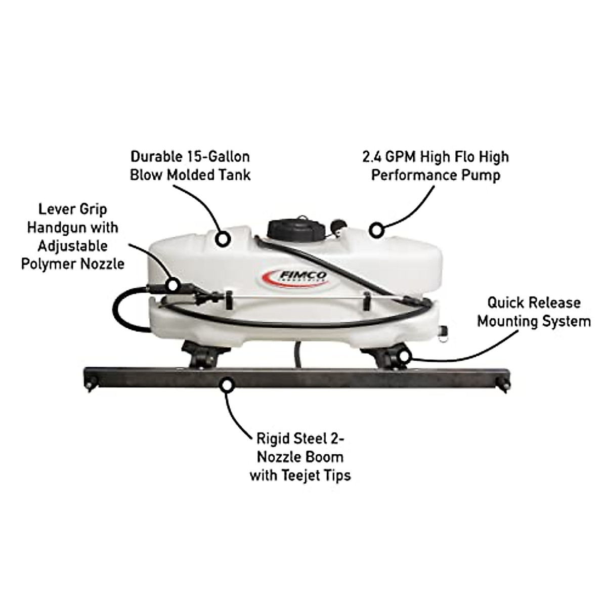 FIMCO 5302318 15 Gallon ATV Sprayer; UV Resistant Polymer Tank, 2.4 GPM High Flo Pump, Steel 2 Nozzle Spraying Boom, Teejet Tips & Lever Grip Handgun