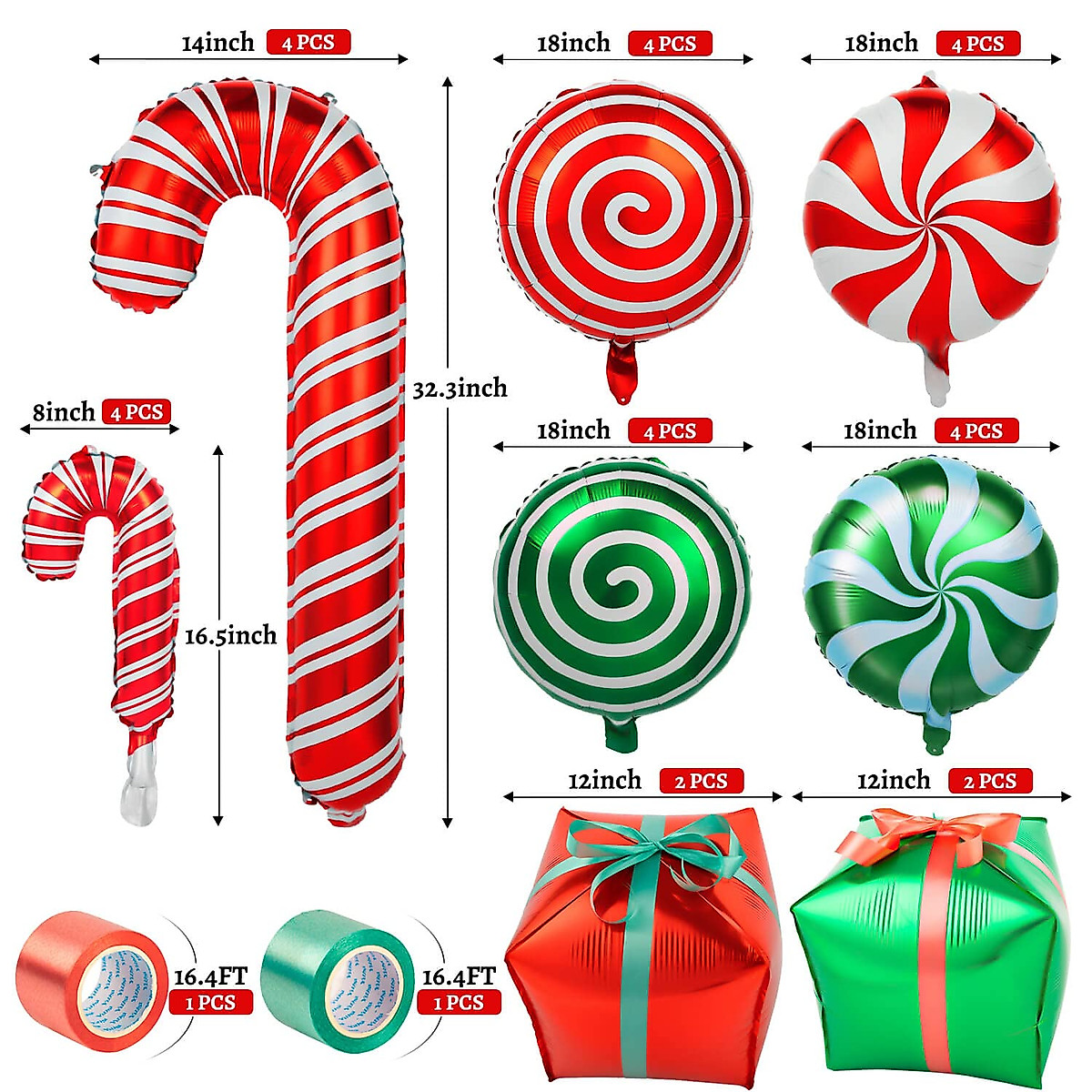 30Pcs Christmas Foil Balloons, Large Candy Cane Swirl Mylar Balloons with Ribbons, Red Green Balloons for Birthday and Candies Theme Party Decorations