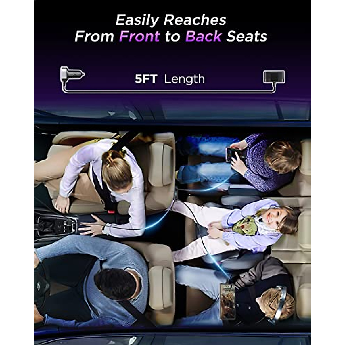 5 Multi USB Car Charger, Car Charger Adapter, USB Car Charger for Multiple Devices, 12V USB Charger Multi Port, Car Charger Cigarette Lighter Adapter USB Charger with 5FT Cable for Back Seat Charging