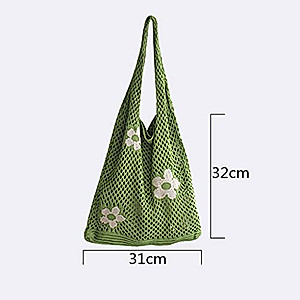 ergou Flower Crochet Tote Bag, Woven Beach Totes Bags for Women, Simple Knitting Hollow Out Shoulder Beach Bag Casual Laziness-Style Handmade Weaving Large capacity Handbag (Green)