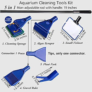 JZMYXA Aquarium Cleaning Tools Kit 5 in 1 Function for Long Deep Fish Tank, Including Algae Scrape, Cleaning Sponge, 3.9" Small Fishnet, Gravel Rake, Plant Fork