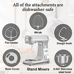 Biolomix Kitchen Electric Stand Mixer, 6-Speed Tilt-Head Food Mixer with 6.5-QT Stainless Steel Bowl, Dough Hook, Flat Beater, Whisk and Anti-Splash Cover (6.5-QT, Light Silver
