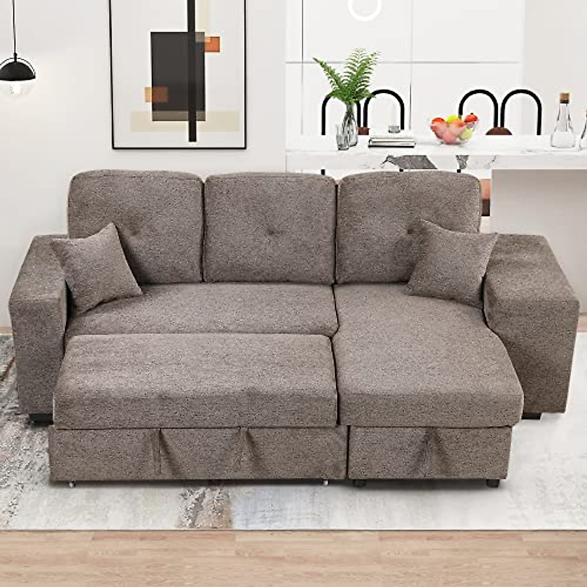 Eafurn 95" Reversible Sectional Chaise and Storage Shelves,Velvet Pull Bed w/Stools and 2 Tossing Cushions,3 Seat Sleeper L-Shape Corner Sofa & Couches for Living Room, Knox Charcoal