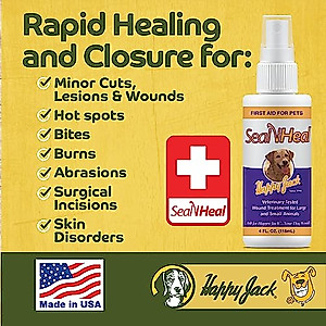 HAPPY JACK Seal 'N Heal Liquid Bandage for Dogs, Cats, Pets, Wound Care Spray (4 oz), Protects Against Minor Cuts, Burns, Waterproof Seal, Discourages Licking & Chewing, for Paws & Body, Made in USA