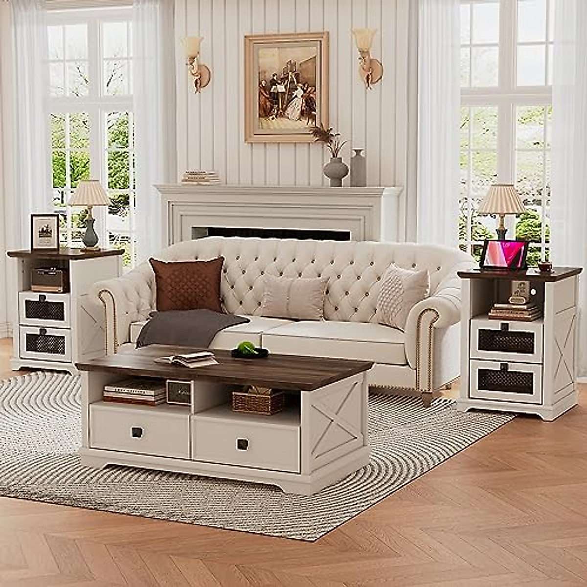 LDTTCUK Nightstand with Charging Station, End Table with 2 Drawers & Open Storage,Sofa Side Table with Mesh Drawers, Farmhouse Design Bedside Table for Living Room, Bedroom, White