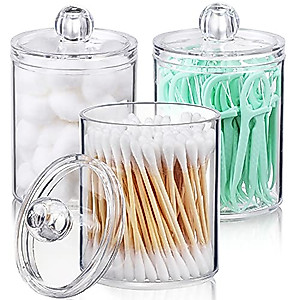 AOZITA 9 Pack Qtip Holder Dispenser for Cotton Ball, Cotton Swab, Cotton Round Pads, Floss - 10 oz Clear Plastic Apothecary Jar Set for Bathroom Canister Storage Organization, Vanity Makeup Organizer