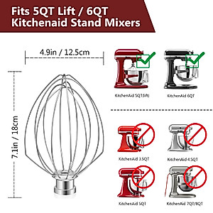 LETOMS Wire Whip for Kitchenaid Stand Mixer 5QT Lift and 6QT, Whisk Attachment for KitchenAid, Stainless Steel Egg Cream Stirrer