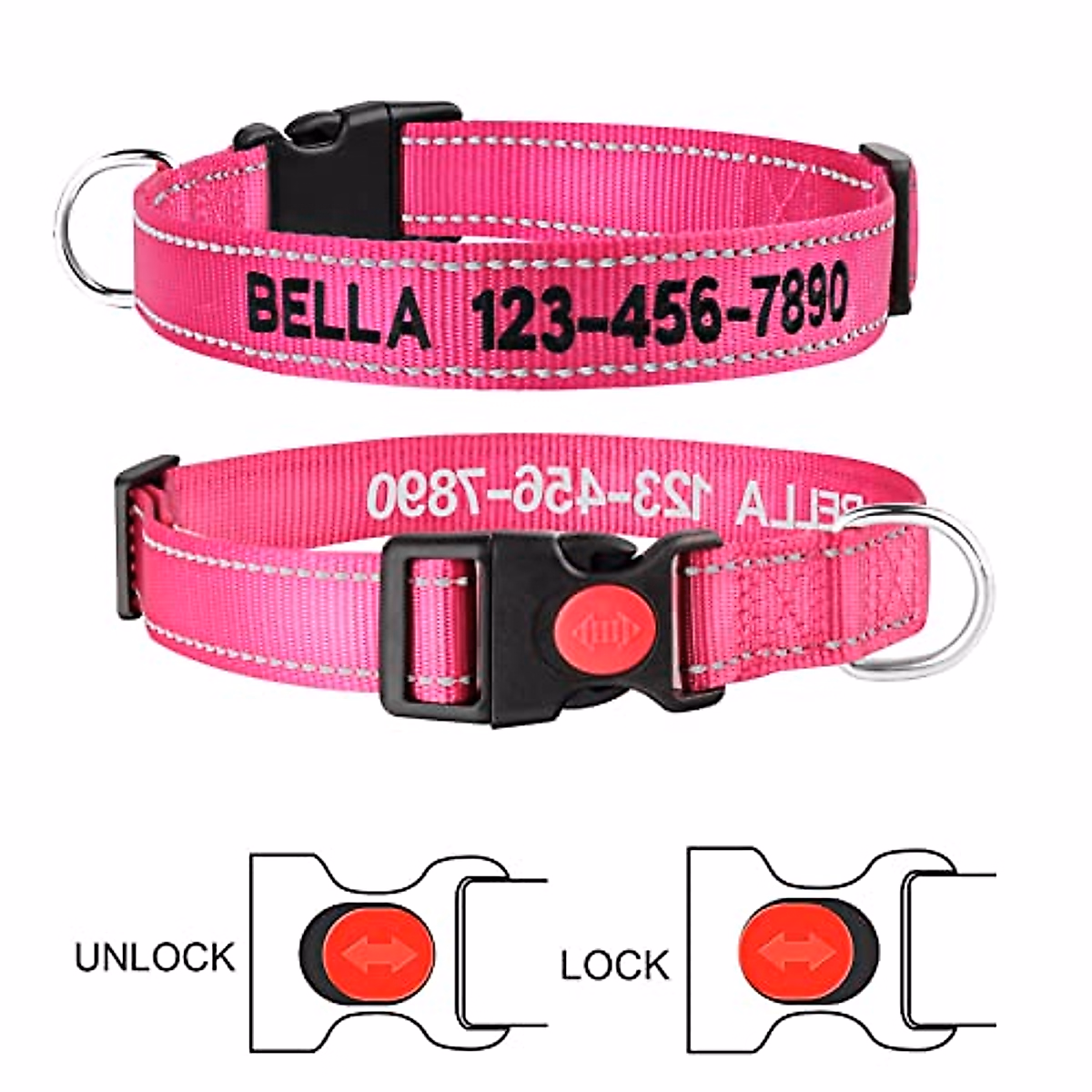 Personalized Dog Collar - Reflective Custom Embroidered with Pet Name and Phone Number for Boy and Girl Dogs, 4 Adjustable Sizes, XSmall,Small, Medium and Large