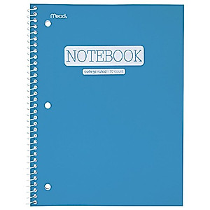 Mead Spiral Notebook, 1 Subject, College Ruled Paper, 70 Sheets, 10-1/2" x 7-1/2", Plastic, Color Selected For You, 1 Count (07178)