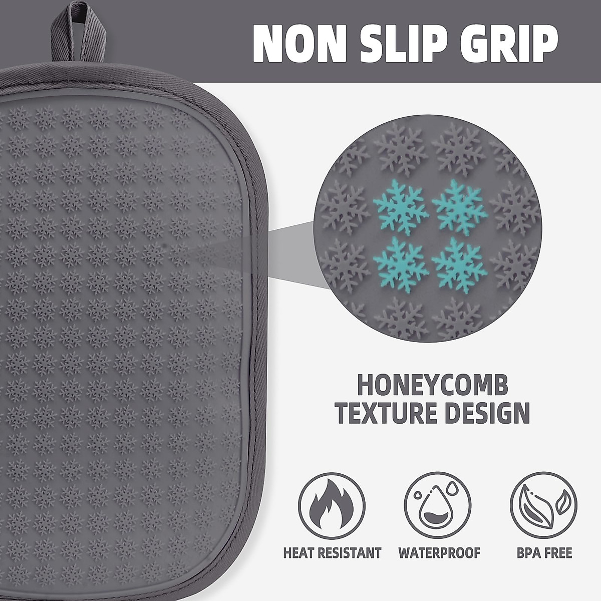 Hovico 2PCS Silicone Pot Holders, Oven Mitts Heat Resistant Hot Pads with Pockets, Non Slip Pot Holder for Kitchen Baking and Cooking| 9.8 x 7 Inches | Towel Cloth Interior Lining - Gray