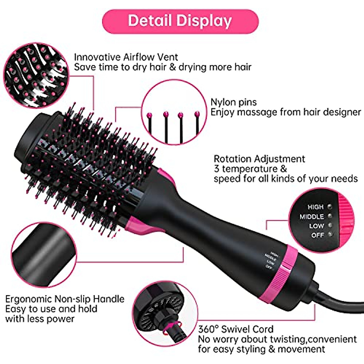 Hair Dryer Brush Blow Dryer Brush in One, FYAIRO 4 in 1 One Step Hair Dryer and Styler Volumizer with Negative Ion Anti-frizz Ceramic Titanium Barrel Hot Air Brush for Drying, Straightening, Salon