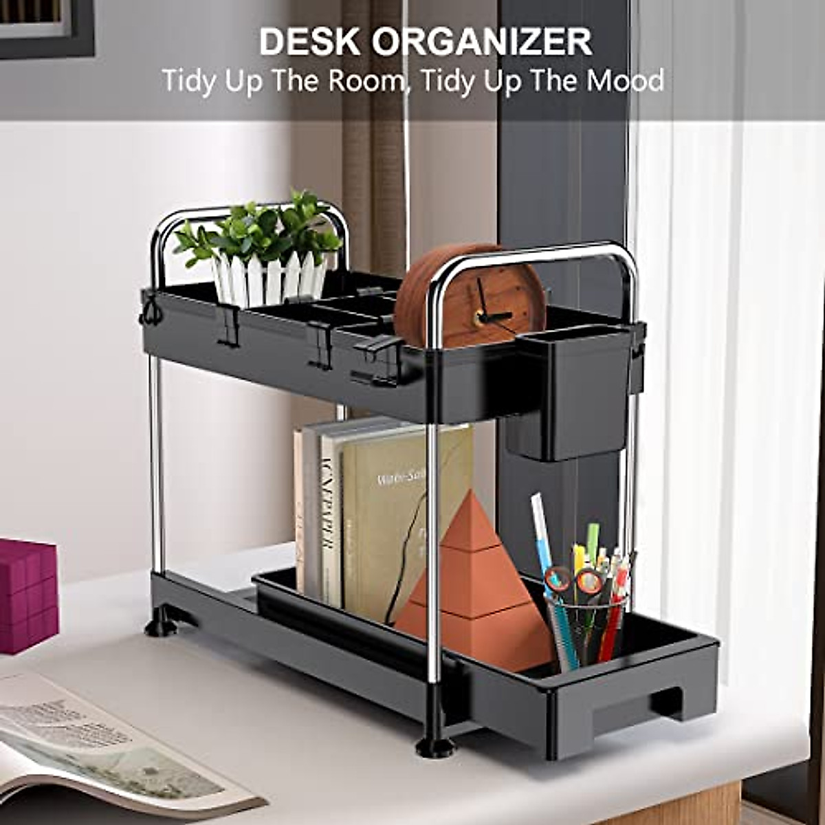 Luyata 2 Pack Under Sink Organizers, 2 Tier Under Cabinet Organizer Sliding, Under Cabinet Storage, Kitchen Organizer, Bathroom Organizer Under Sink With 8 Divider 8 Hooks and 4 Hanging Cups Black