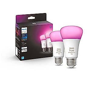 Philips Hue White and Color Ambiance A19 Medium Lumen Smart Bulb, 1100 Lumens, Bluetooth & Zigbee Compatible (Hue Hub Optional), Works with Alexa & Google Assistant, 2 Bulbs
