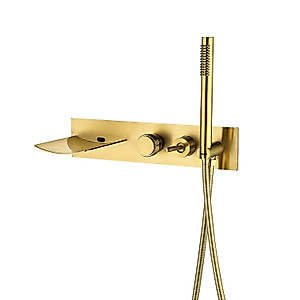 Homelava Waterfall Basin Sink Wall Tap Faucet, Metal Bar Tap Bathtub Shower Tap with Hand Wash Faucet, Rain Faucet Kit Basin Water Control System for Kitchen and Bathroom Gold