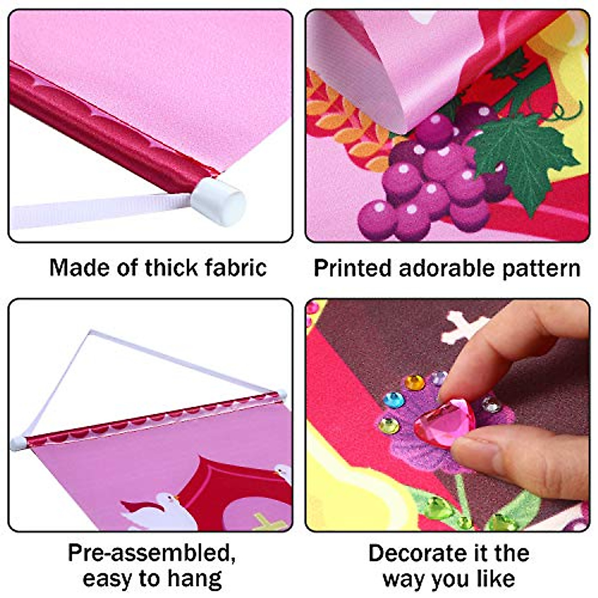 First Communion Banner Kit DIY Holy Door Hanging Decor with 2 Sheets of Diamond Stickers for Boys and Girls Decoration Set, 12 x 20 Inch (Holy Grail Pink Style)