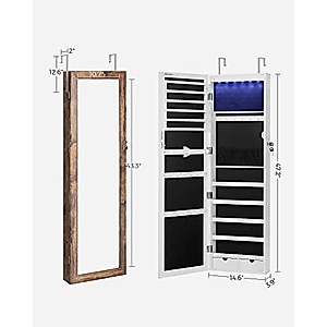 SONGMICS Mirror Jewelry Cabinet Bundle, 6 LEDs Jewelry Organizer, 47.2-Inch Lockable Wall or Door Mounted Jewelry Armoire with Mirror, 2 Drawers, White and Rustic Brown UJJC93W and UJJC93CB