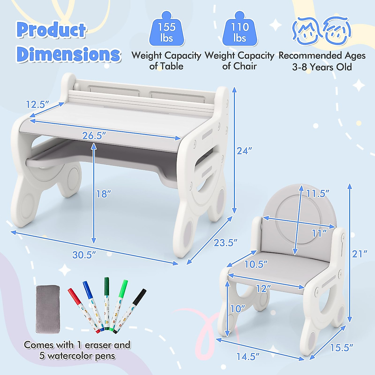 HONEY JOY Kids Table and Chair Set, Plastic Children Activity Table and Chair w/Graffiti Desktop, Storage, Markers & Eraser, Toddler Table and Chair Set for Daycare Playroom Classroom (Gray)