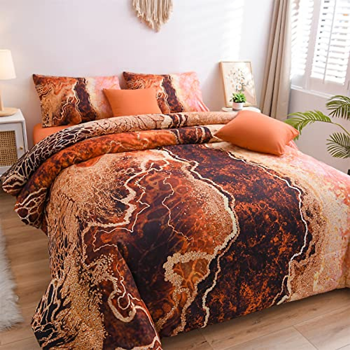 A Nice Night Marble Like Burning Mountain Printed Bedding Set,Retro Style Watercolor Artwork Design,Ultra Soft Comforter Set,7pcs Bed in a Bag,Queen,Orange