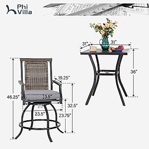 PHI VILLA 3 PCS Patio Counter Height Bar Set,Outdoor Swivel Bar Chair with Rattan Backrest and Grey Padded Cushion & Square Metal Table, Outdoor High Top Table and Chairs for All Weather in Garden