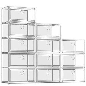 SEE SPRING 12 Pack Medium + 12 Pack X-large Shoe Storage Box, Clear Plastic Stackable Shoe Organizer for Closet, Space Saving Foldable Shoe Containers Bins Holders (Black Clear)