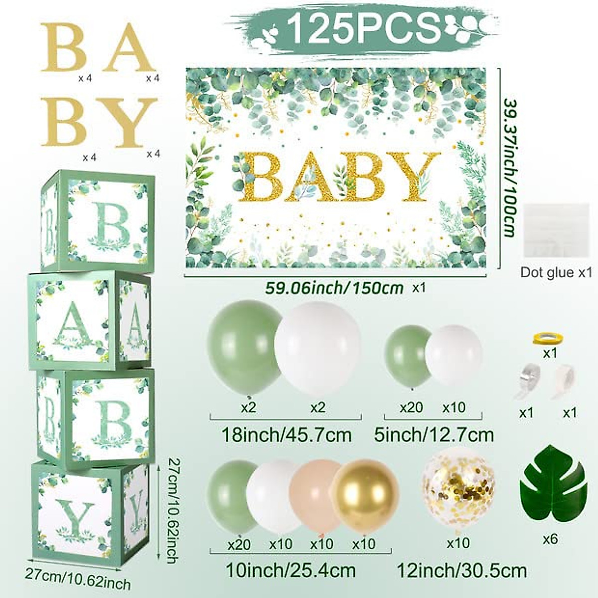 DataMoon 125PCS Sage Green Baby Shower Decorations - Retro Green and Gold Balloons Different Sizes, Green Baby Backdrop and Sage Green Baby Boxes for Gender Reveal, Birthday, Woodland Jungle Party