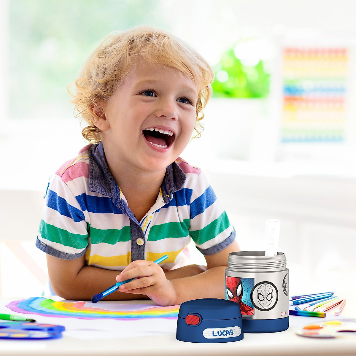 THERMOS FUNTAINER Insulated Food Jar, 10 Ounce, Kid Friendly Food Jar with Foldable Spoon, Spider-Man