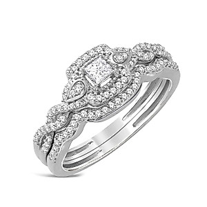 DZON 10k White Gold 1/3CT TDW Diamond Halo Princess-Cut Engagement Ring Set Love Gift for Women (I-J,I2)