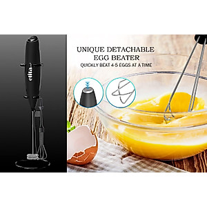 ElitaPro ULTRA-HIGH-SPEED 19,000 RPM, Milk Frother DOUBLE WHISK, Unique Detachable EGG BEATER and STAND For quick preparation (Black)