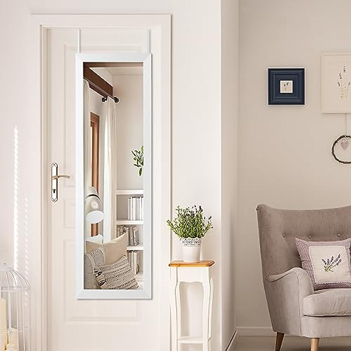 Mirrorize Full Length Over the Door, Long Door Hanging Large Mirrors for Wall Full Body, Shatterproof Tall Floor Mirror, 42"X14", White