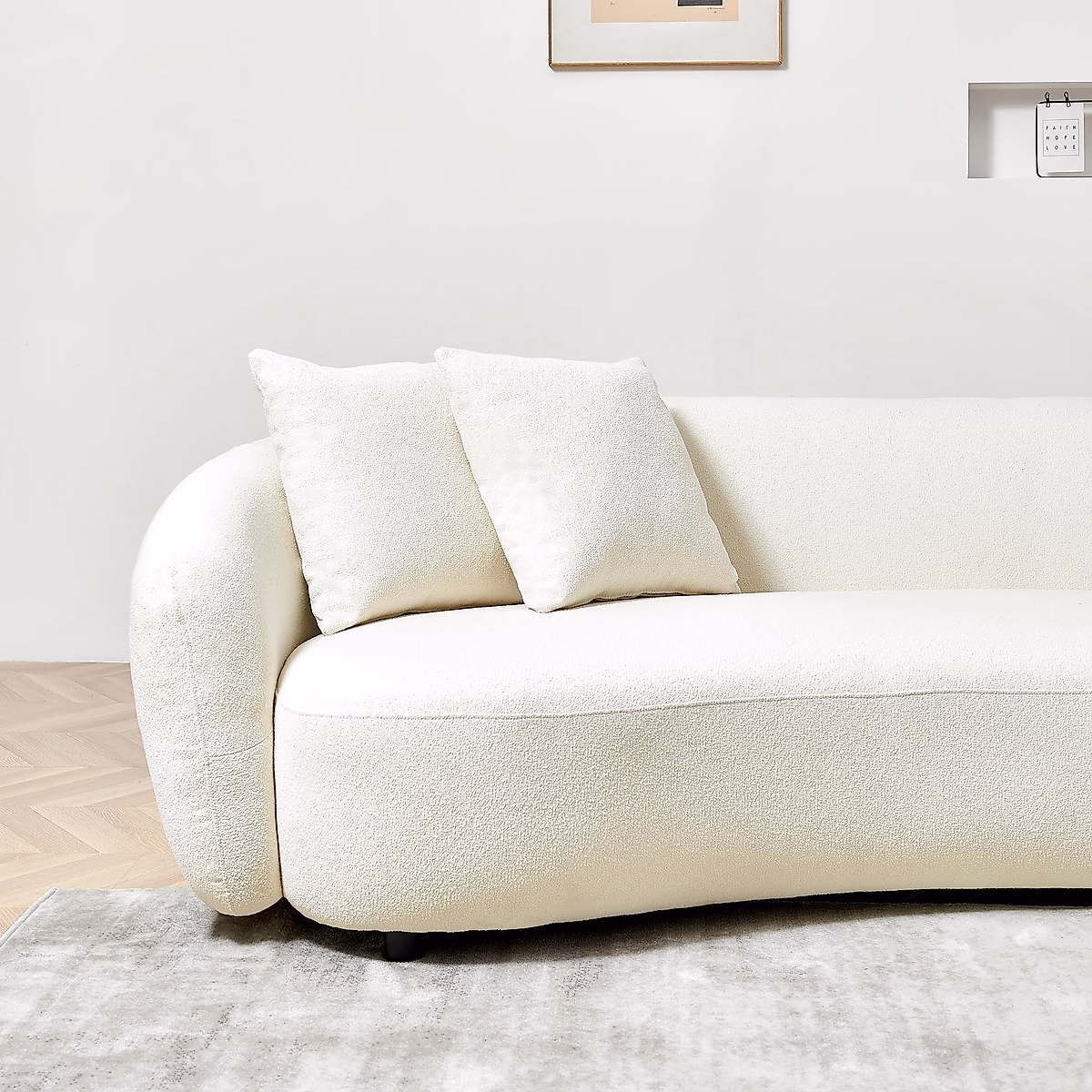 VnndeNest 101'' Sofa Couch, Modern Curved Half Moon Sectional Sofa, Teddy Fleece Boucle 5-Seat Sofa Couch with 4 Throw Pillows, Luxury Comfy Sofa for Living Room, Bedroom, Office, Apartment, Beige