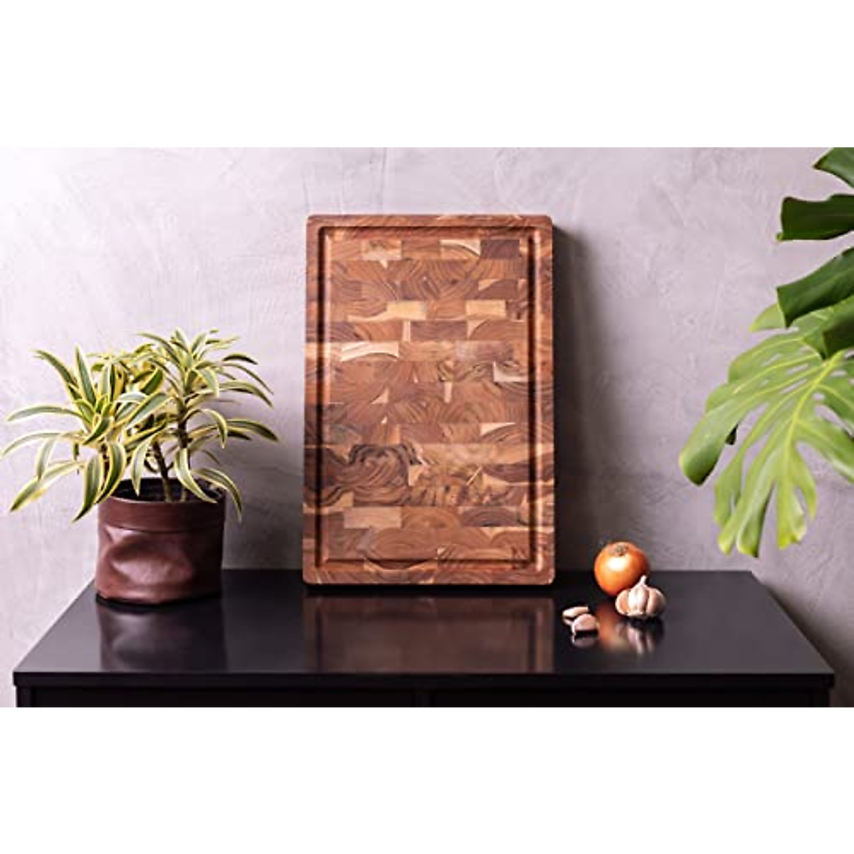 Weekolor, Medium Butcher Block Cutting Board, Teak Wood End Grain, Thick Prep Station 17.3x11.6x1.5 in, Juice Groove, Reversible Charcuterie Board, Vegetable, Bread, Cheese Board (Gift Box Included)