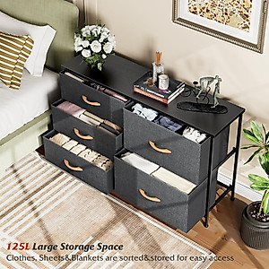 Nicehill Dresser for Bedroom with 5 Drawers, Storage Drawer Organizer, Wide Chest of Drawers for Closet, Clothes, Kids, Baby, TV Stand with Storage Drawers, Wood Board, Fabric Drawers(Black Grey)