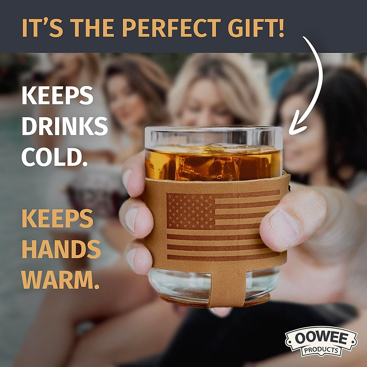 Oowee Genuine Leather Sleeve & Rocks Glasses - Set of 2 | 9.6 oz Whiskey Glasses & Old Fashioned Glasses | Great Gift for Men - Sleeve Made in the USA - American Flag