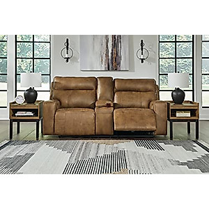 Signature Design by Ashley Game Plan Contemporary Tufted Leather Power Reclining Loveseat with Console and Adjustable Headrest, Light Brown