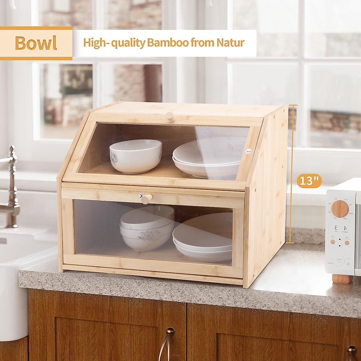 LEIMO KPARTS Bread Storage Farmhouse Bread Box For Kitchen Countertop,Double Layer Bamboo Wooden BreadBox Large Capacity Bin Bread Holder For Kitchen Counter Bread Container With Clear Window