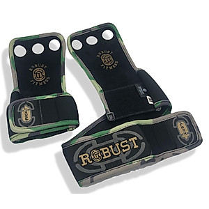 ROBUST FITNESS Genuine Leather Hand Grips for Gymnastics & Cross-Training, Pull-ups, Weightlifting, WODs with Neoprene Wrist warps. Palm Shield from Rips & Blisters. (Camouflage, Medium)