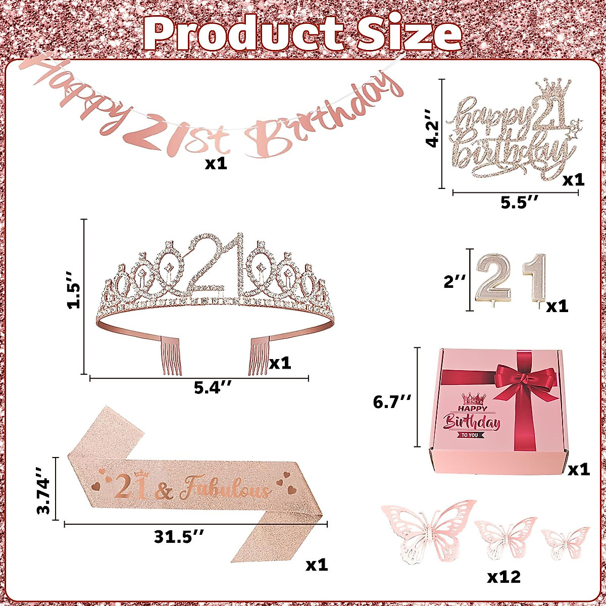 21st Birthday Decorations for Her Girls Sweet Birthday Gifts Rose Gold 21st Birthday Sash, Tiara, Cake Topper, Number 21st Candles, Happy 21st Birthday Banner, 3D Butterfly 12pcs, Birthday Supplies