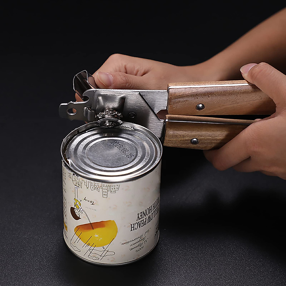 AmJoylst Stainless Steel Can Opener Manual Kitchen Acacia Wooden Handle With Hang Hole Durable (Can opener)