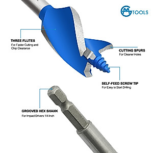 GMTOOLS Auger Drill Bit Set for Wood, ‎1/2", 5/8", 3/4", 7/8", 1" and 1-1/8" Inch Size, 6-Piece Impact Wood Drill Bit with Hex Shank Quick Change for Hardwood and Softwood, Plastic, etc