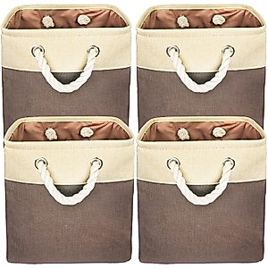 HunnyBunny Foldable Storage Bins - Premium Quality Organizing Baskets for Home Office, Living Room, Bedroom, Kitchen, Bathroom, Nursery, Closet - Collapsible Cube, Cotton Fabric, 13x13 - Pack of 4 (Brown)