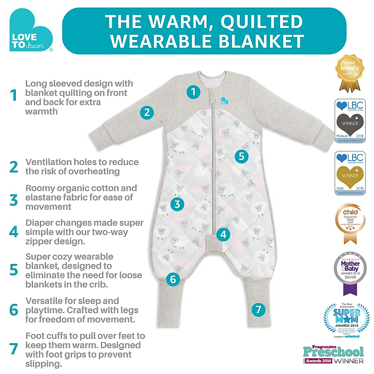 Love to Dream Organic Merino Wool Warm Baby Sleep Suit (12-24 Mo), Super Soft Temp Regulating Sleeping Sack, 2.5TOG Warm Wearable Blanket, Pink