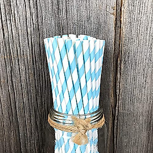Shuiniba Biodegradable Striped Paper Straws,Paper Drinking Straws for Party, Events and Crafts,Baby Shower Decorations 7.75 Inches,100 Packs - Light Blue White - Striped