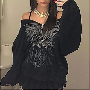 Winioder Women Y2K Zip Up Hoodie Vintage Graphic Oversized Hoodies Grunge Aesthetic Sweatshirt Jacket Skeleton Gothic Hoodie (G-Black,Medium)