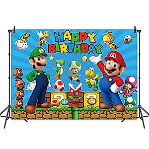 Super Brother Cartoon Backdrop Background Gold Coin Video Game Mushroom Blue Happy Birthday Backdrop for Kids Baby Shower Party Supplies Cake Table Banner Photo Booth Studio Props 7x5FT