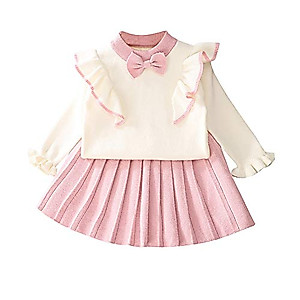 IDOPIP Toddler Kids Baby Girls Knit Sweater Dress Ruffle Long Sleeve Bowtie Sweater T-shirt Top + Tutu Skirt Princess Casual Birthday Party Dresses Fall Winter Outfit Clothes 2PCS Set Pink 4-5 Years